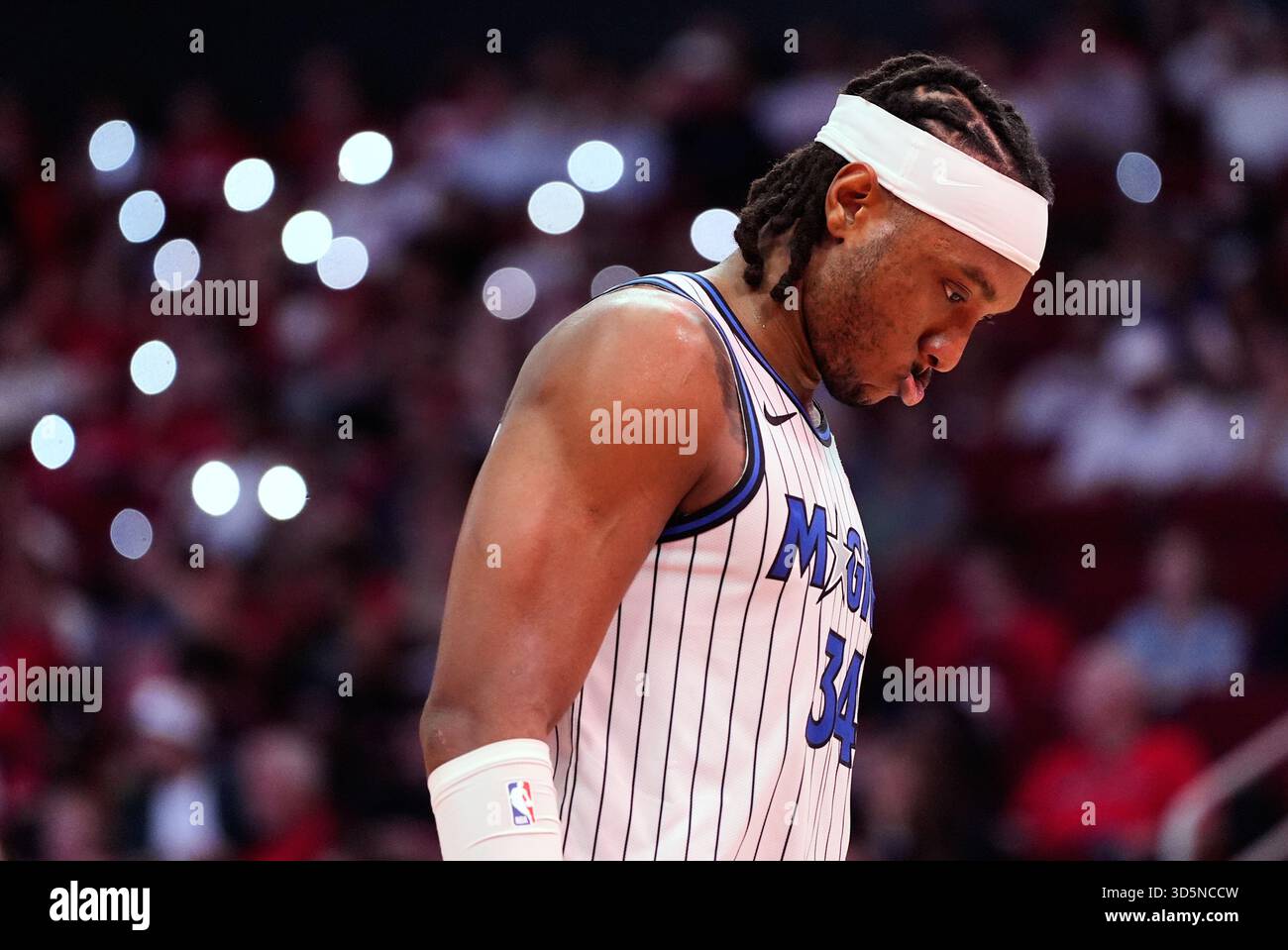 Orlando Magic center Wendell Carter Jr. (34) reacts during a timeout in ...