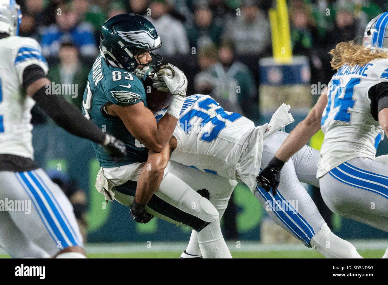 Philadelphia Eagles tight end Kylen Granson (83) is tackled by Detroit ...