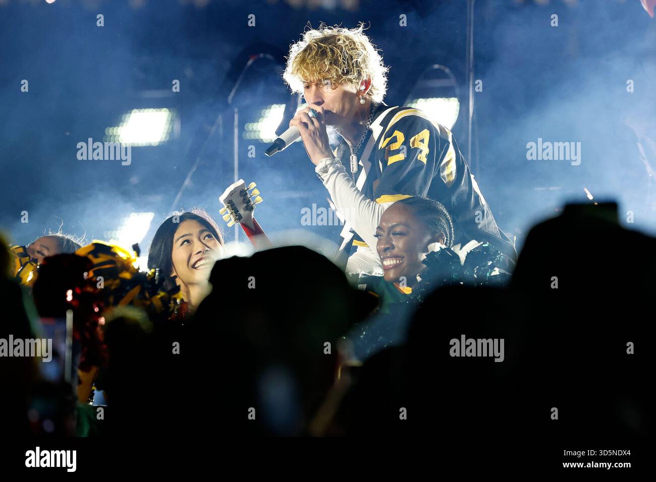 Machine Gun Kelly performs during the half-time show of the CFL 112th ...