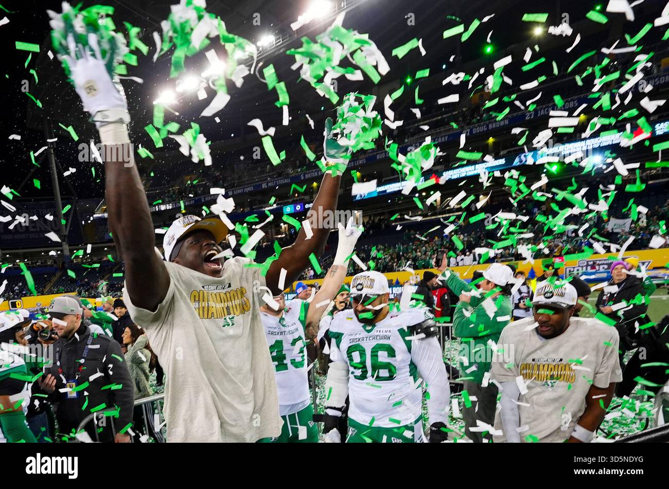 Saskatchewan Roughriders celebrates their championship win over the ...