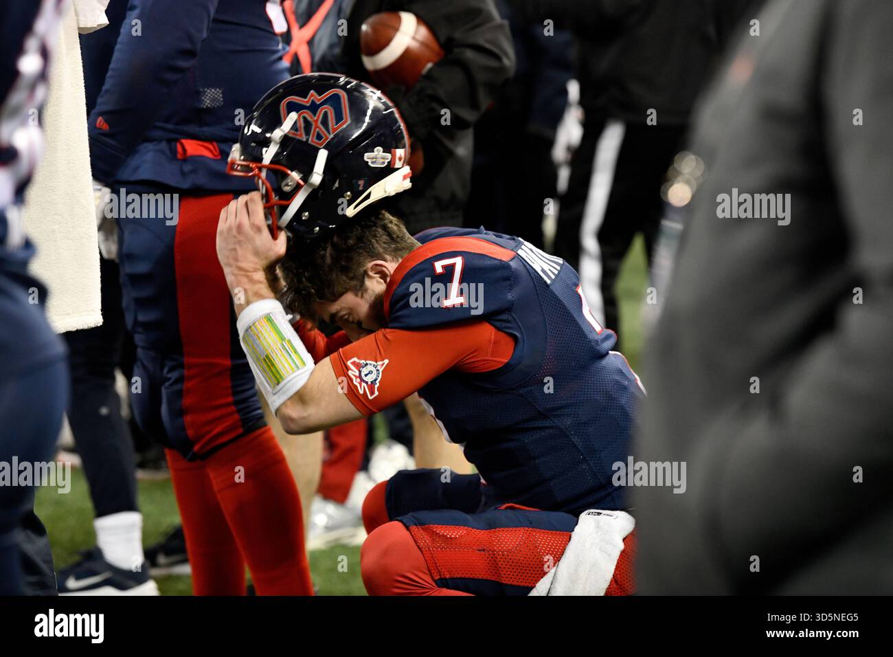 Montreal Alouettes' Shea Patterson (7) removes his helmet following ...