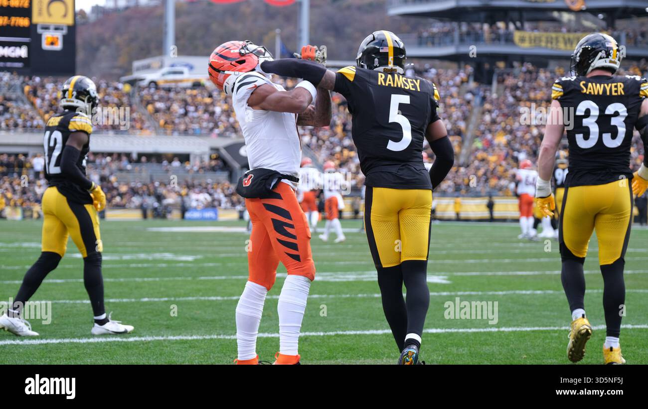 Nov 16, 2025: Ja'Marr Chase #1 and Jalen Ramsey #5 battle each other during the 2025 Steelers vs ...