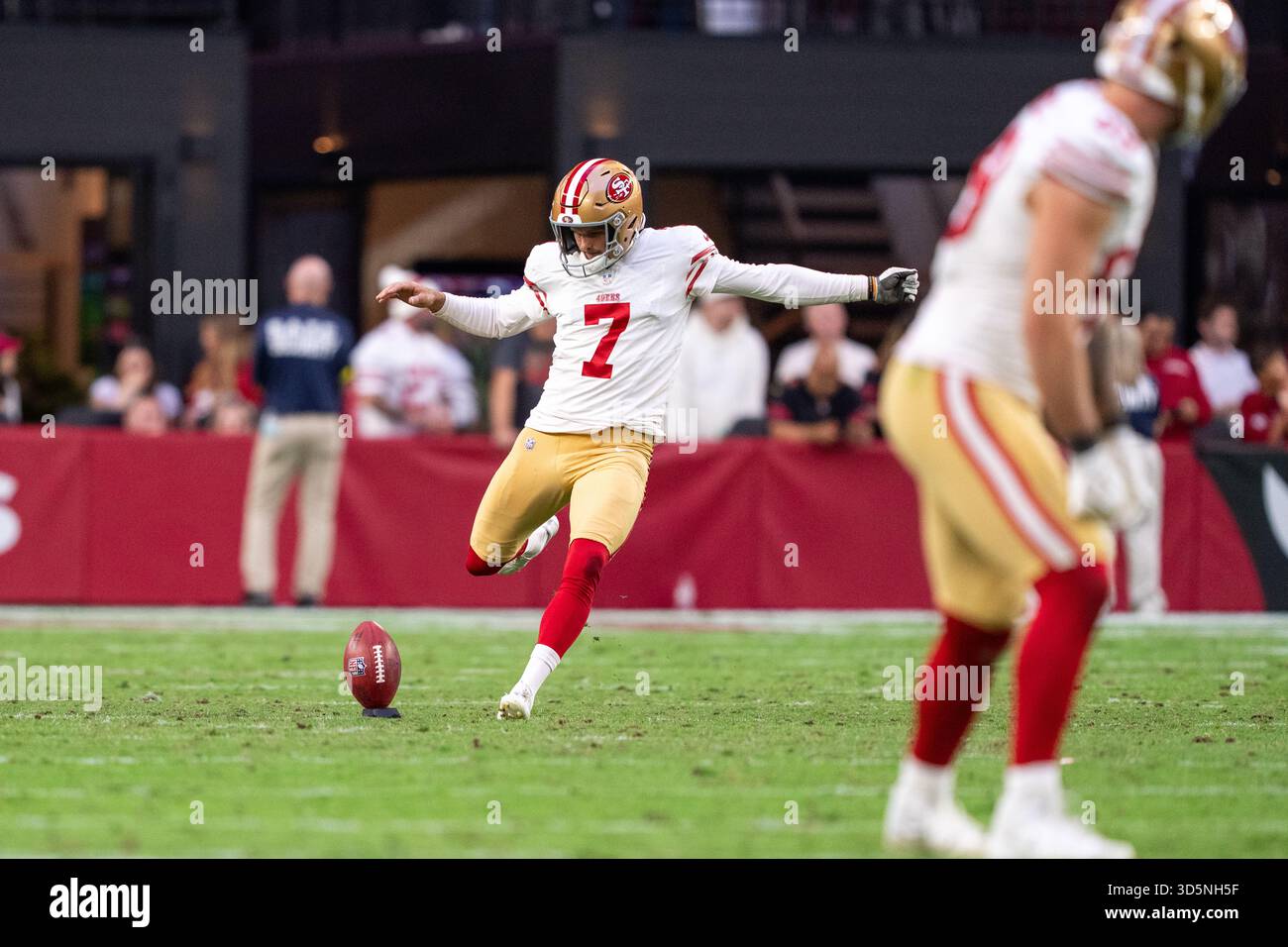San Francisco 49ers punter Thomas Morstead (7) kicks the ball during an ...
