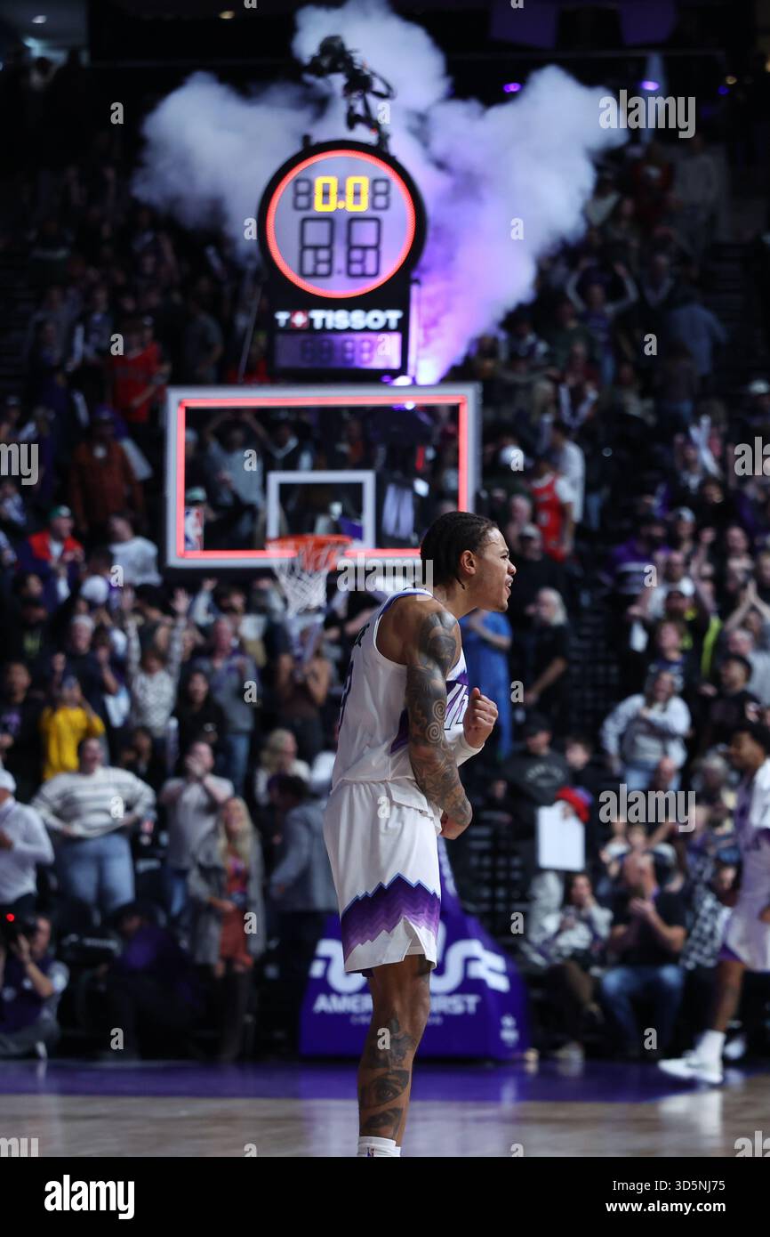 Utah Jazz guard Keyonte George celebrates the end an NBA basketball ...