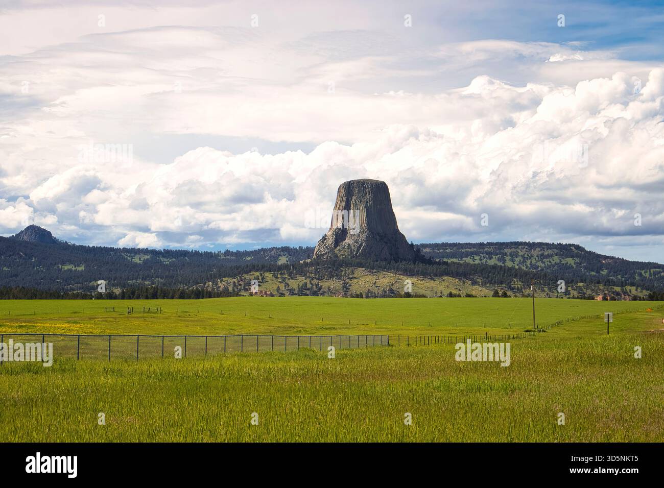 Field with a fence below Devil's Tower on a sunny spring day in Wyoming ...