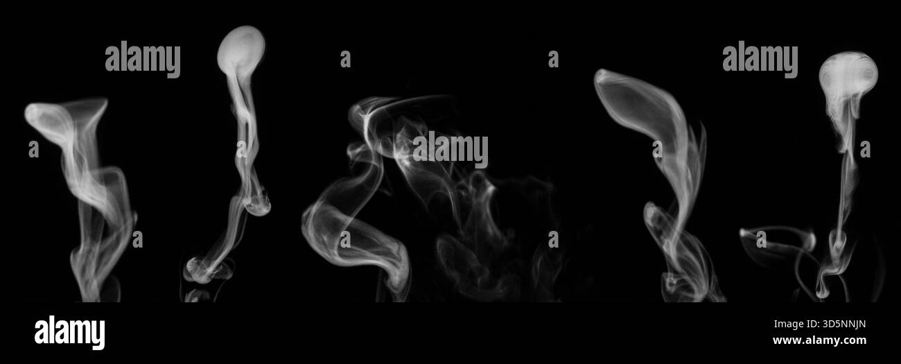 A set of six different steam, smoke, gas isolated on a black background ...
