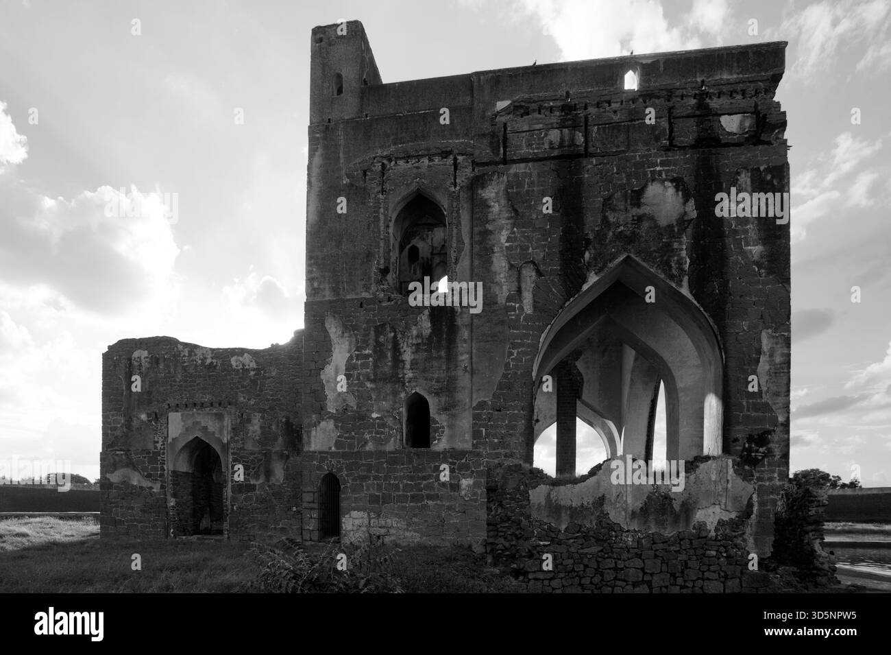 Black and white photo of ruins of Sangeet Nari Mahal in Bijapur state ...