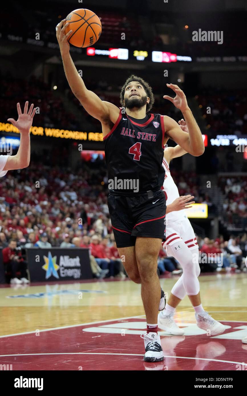 Ball State forward Kayden Fish (4) scores against Wisconsin during the ...