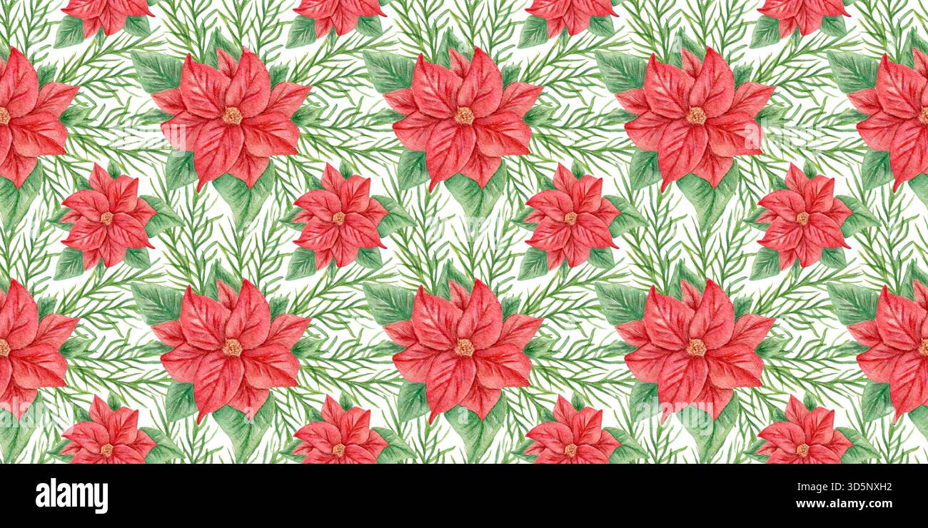 Seamless Christmas pattern with red watercolor poinsettia flowers and ...