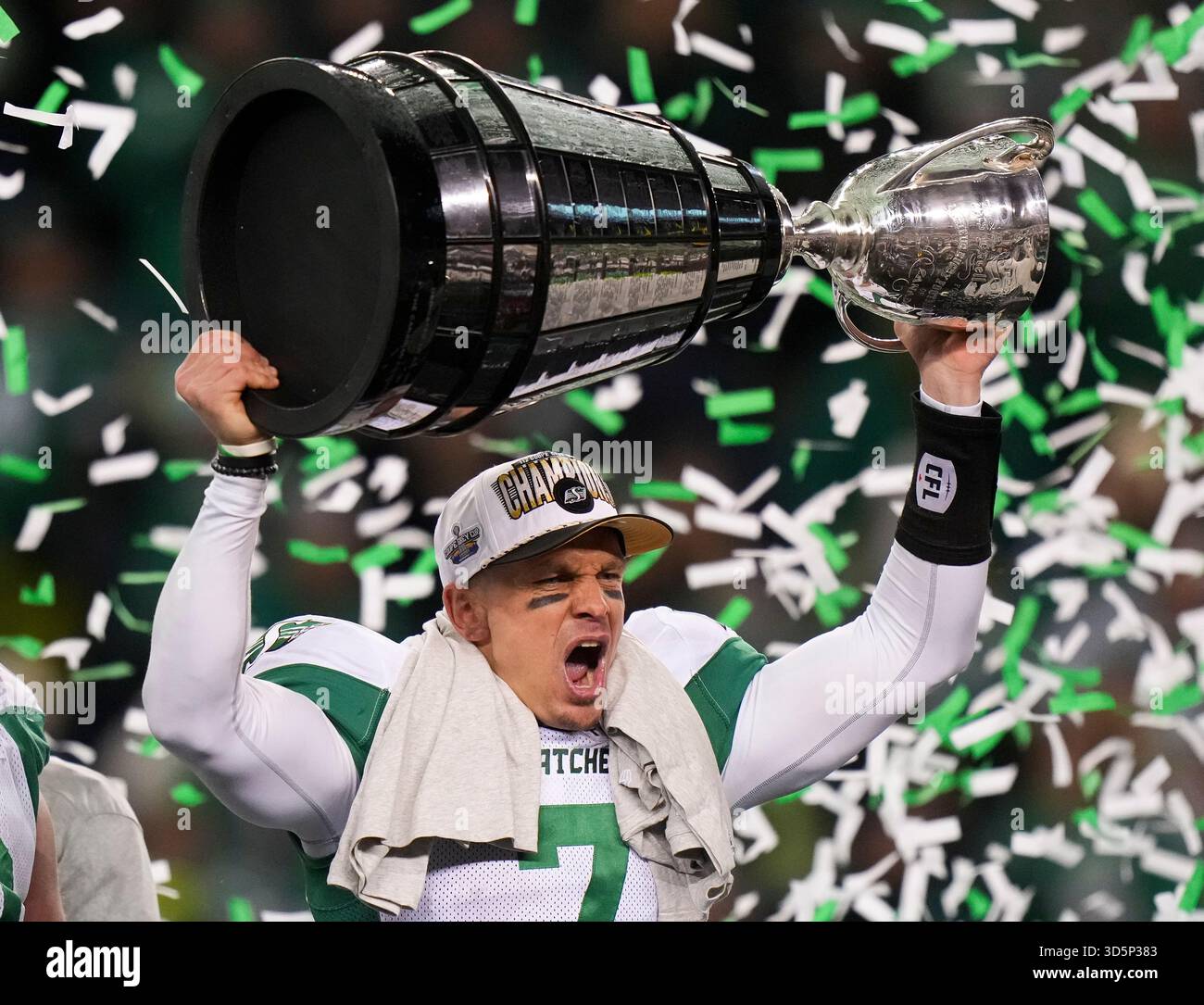 Saskatchewan Roughriders quarterback Trevor Harris (7) celebrates his ...