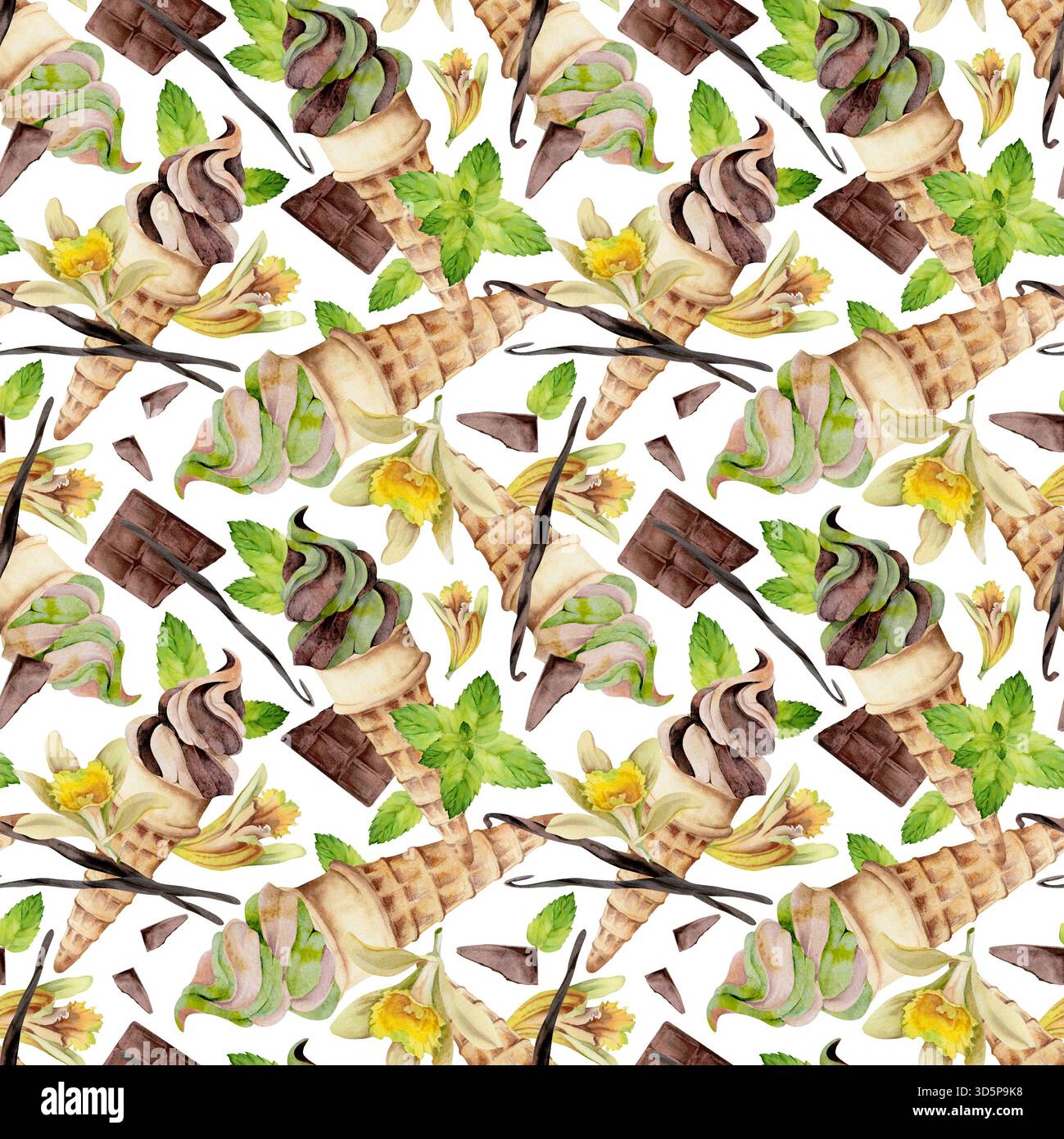 Vanilla soft ice cream swirl in wafer cone, mint leaves chocolate bar ...