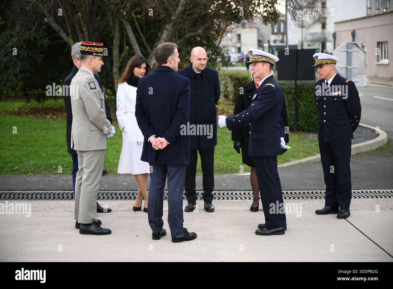 French President Emmanuel Macron at welcome ceremony at a military base ...