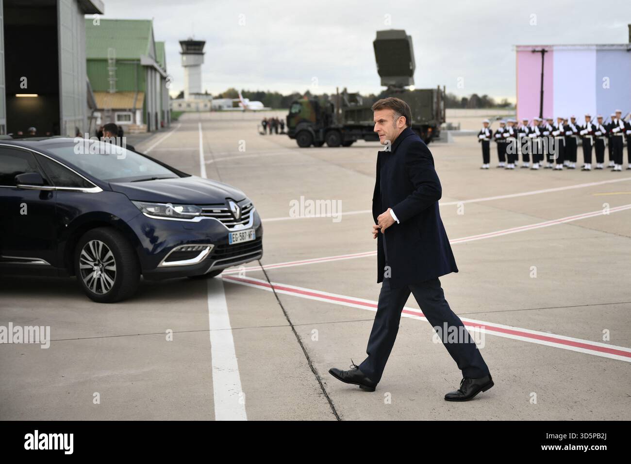 French President Emmanuel Macron at welcome ceremony at a military base ...