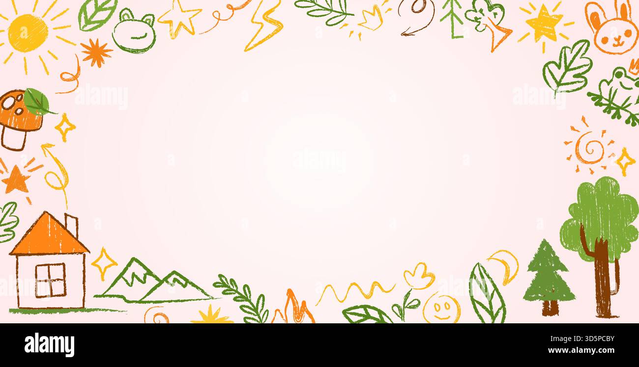Colorful kindergarten border with crayon and paint doodles - playful ...