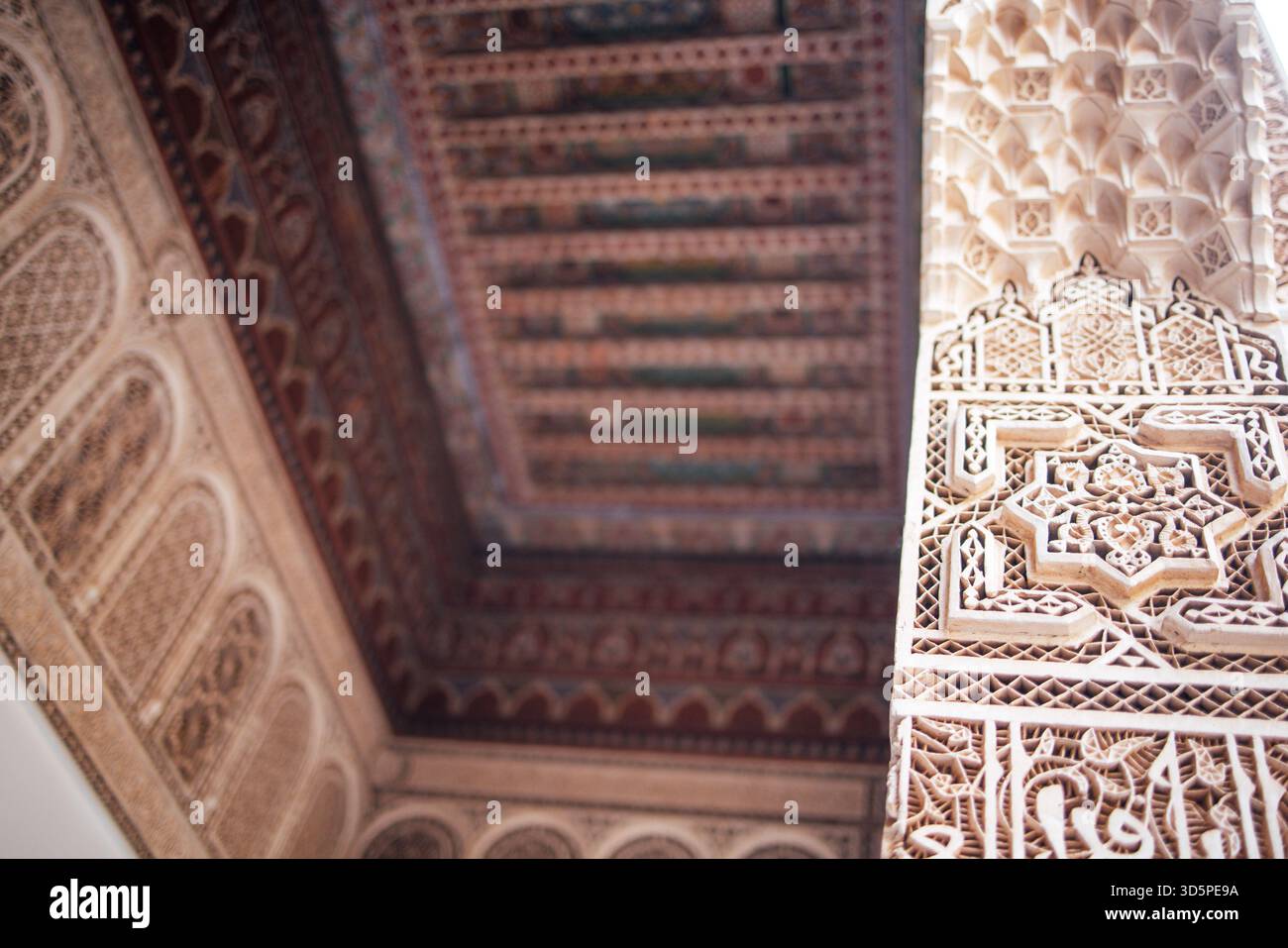 Detailed view of ornate carvings and vibrant ceiling patterns in a Dar ...