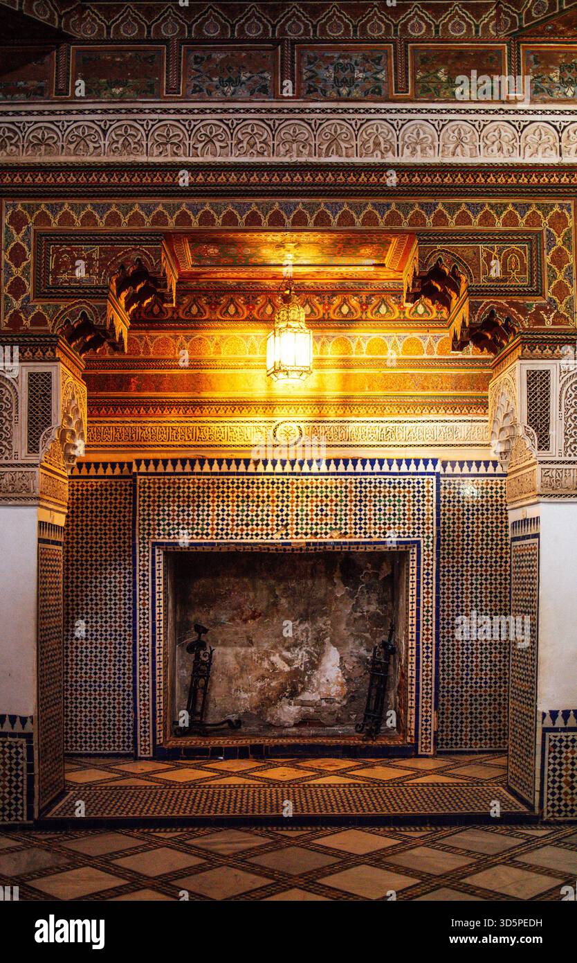 Detailed fireplace in Dar El Bacha Museum in Marrakech, Morocco ...