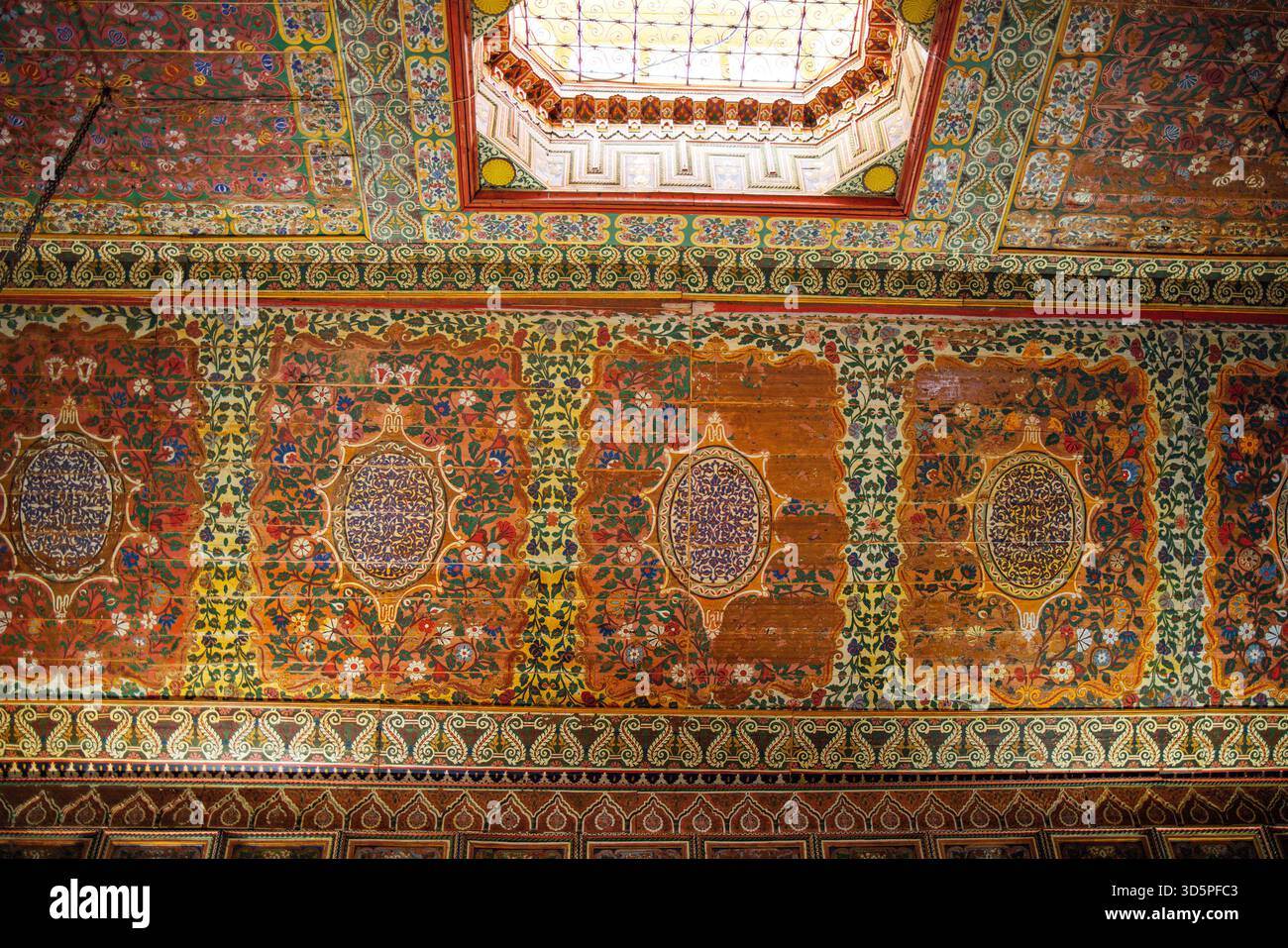 Detailed ceiling in Dar El Bacha Museum in Marrakech, Morocco, adorned ...