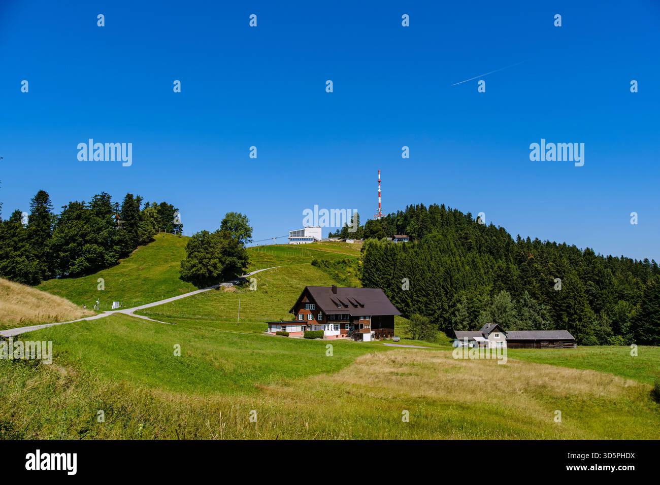 Picturesque alpine meadow landscape on the Pfänder with a view of the ...