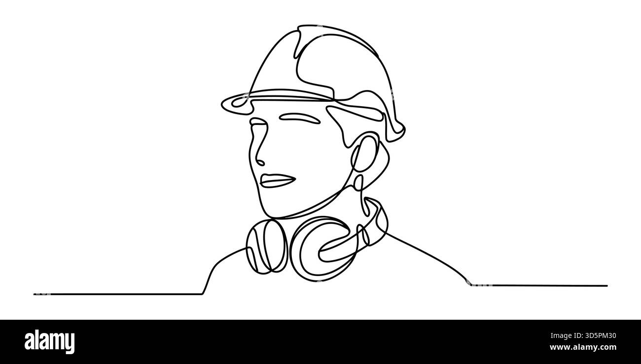 Continuous line art of an engineer or worker in a hard hat and ...