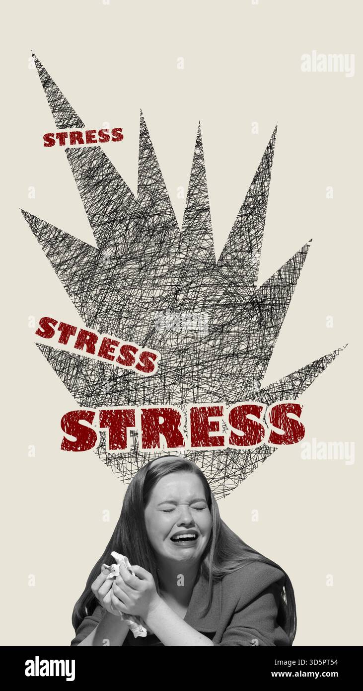 Bold poster of crying woman overwhelmed by multiple stress bursts in ...