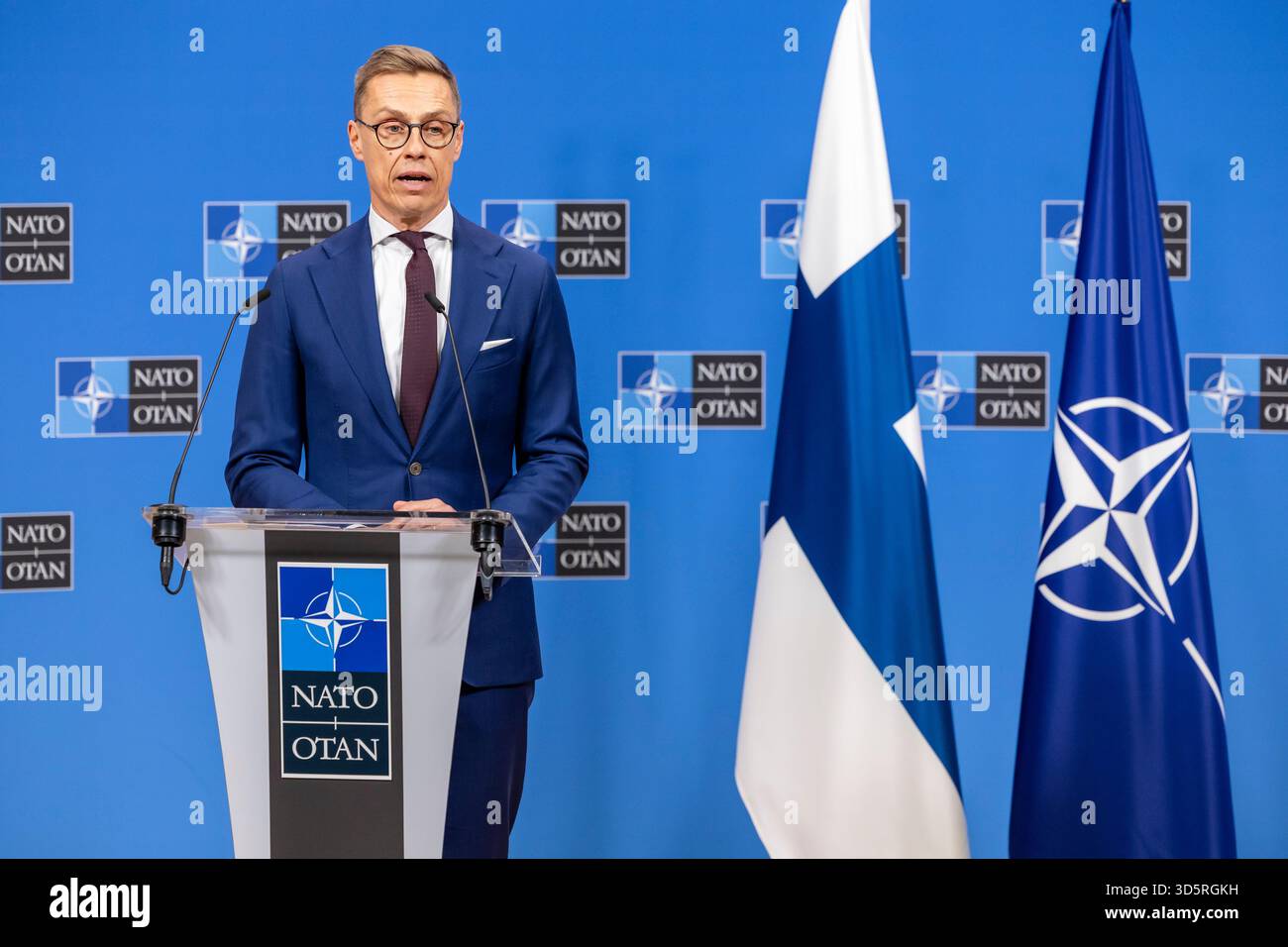 Finland's President Alexander Stubb addresses the media after a meeting ...