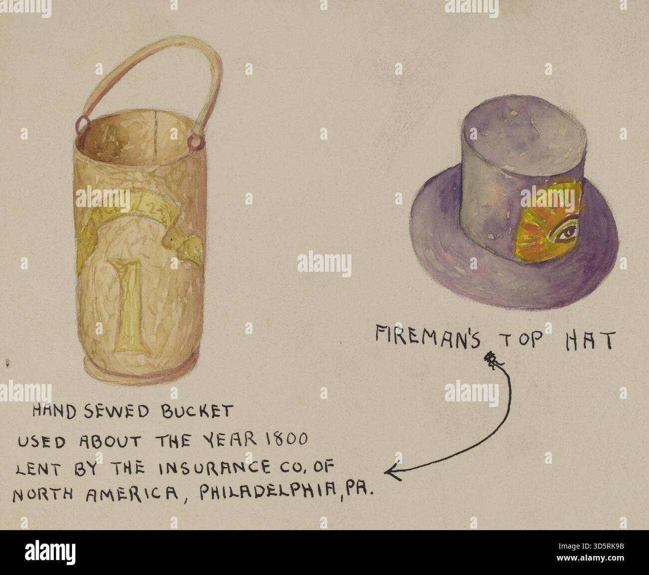 Fireman's hat and bucket created in the American 20th century between ...