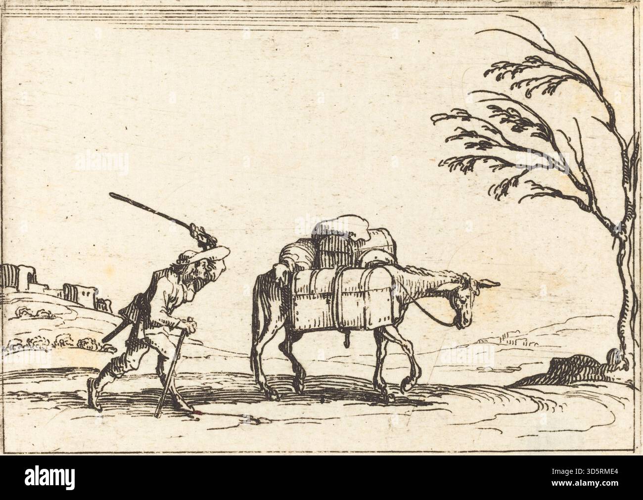 A 1628 etching by Jacques Callot showing a peasant striking a donkey ...