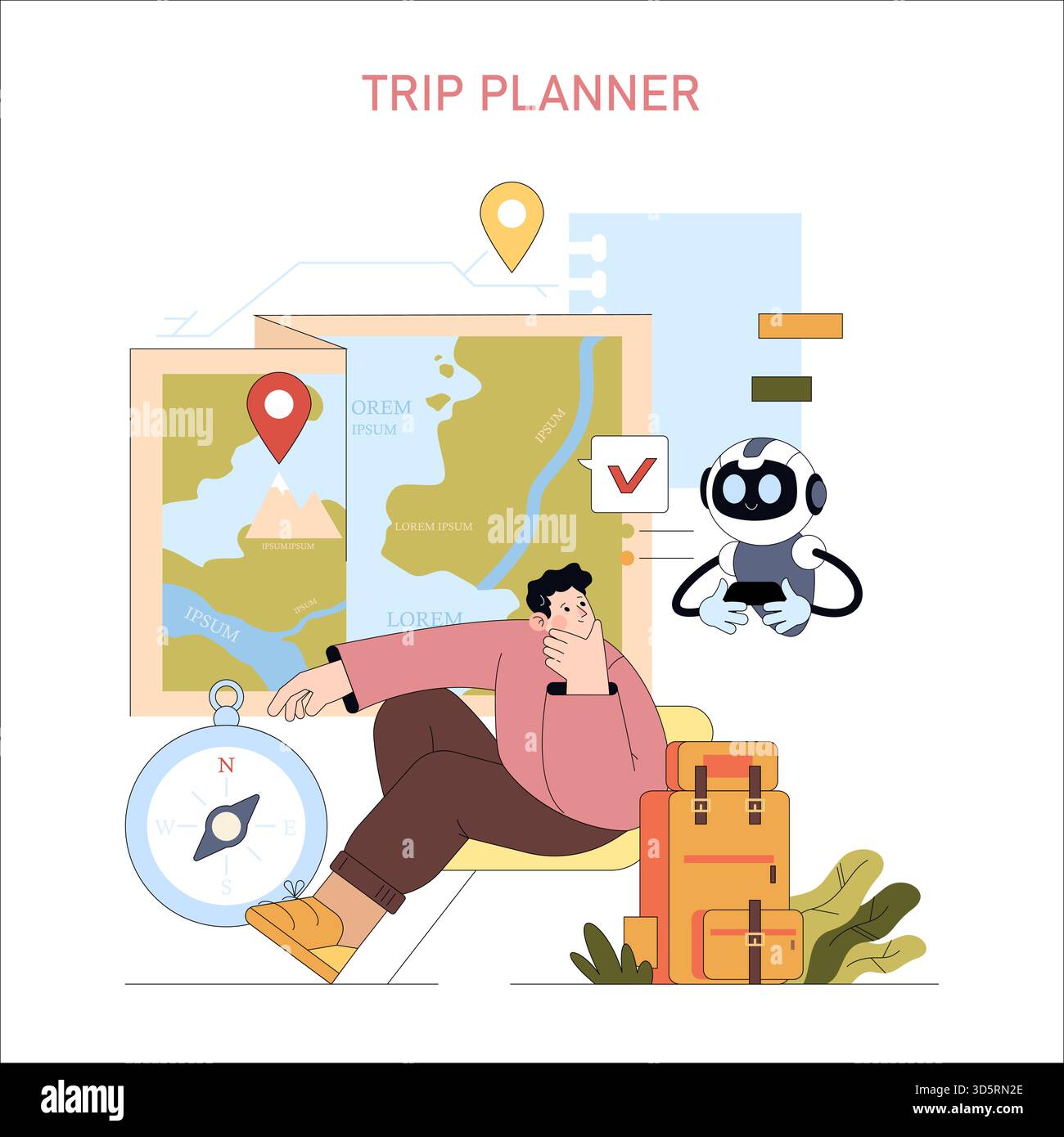 Vector illustration showing a person considering travel plans with an ...