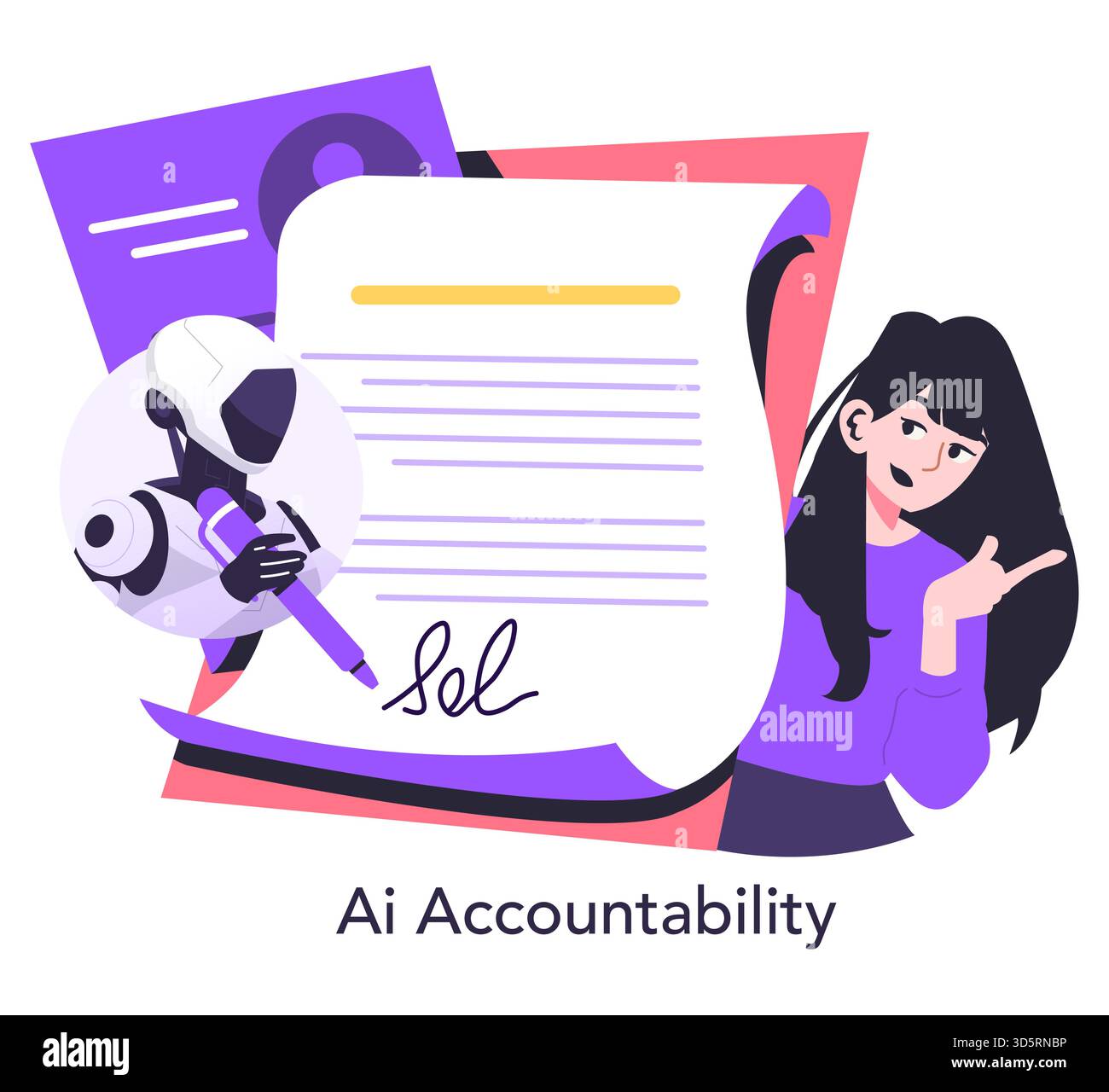 This vector illustration shows a robot signing a document to represent ...