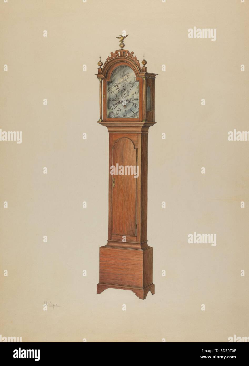 This circa 1938 clock by Lawrence Phillips depicts a mechanical ...