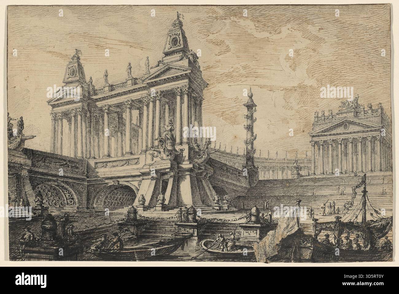 The painting depicts a magnificent ancient port, showing architectural ...