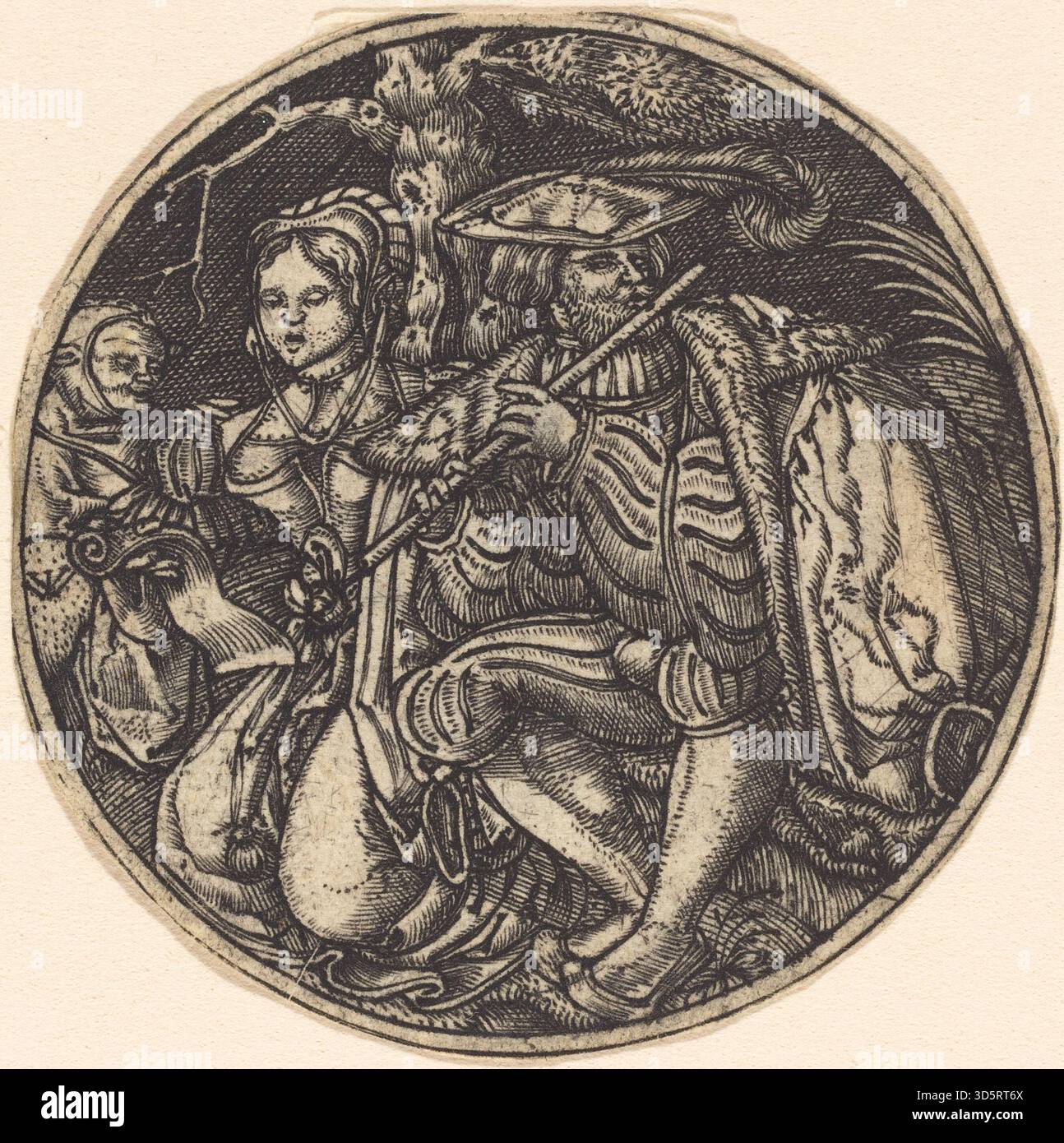 Painting by Master WI depicting a flute player, showing figure, posture ...