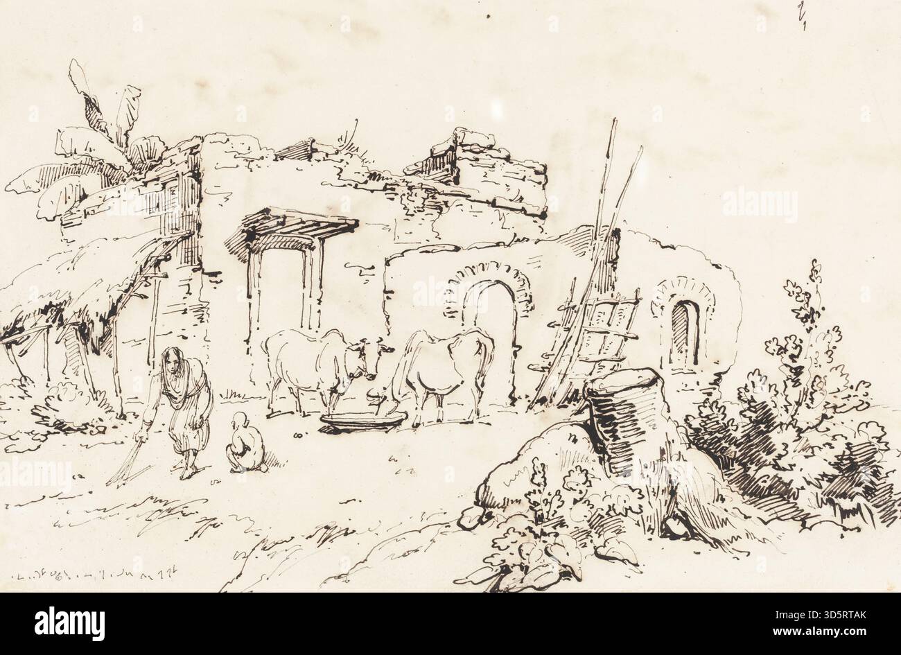 Painting by George Chinnery between 1814 and 1824 depicting a village ...