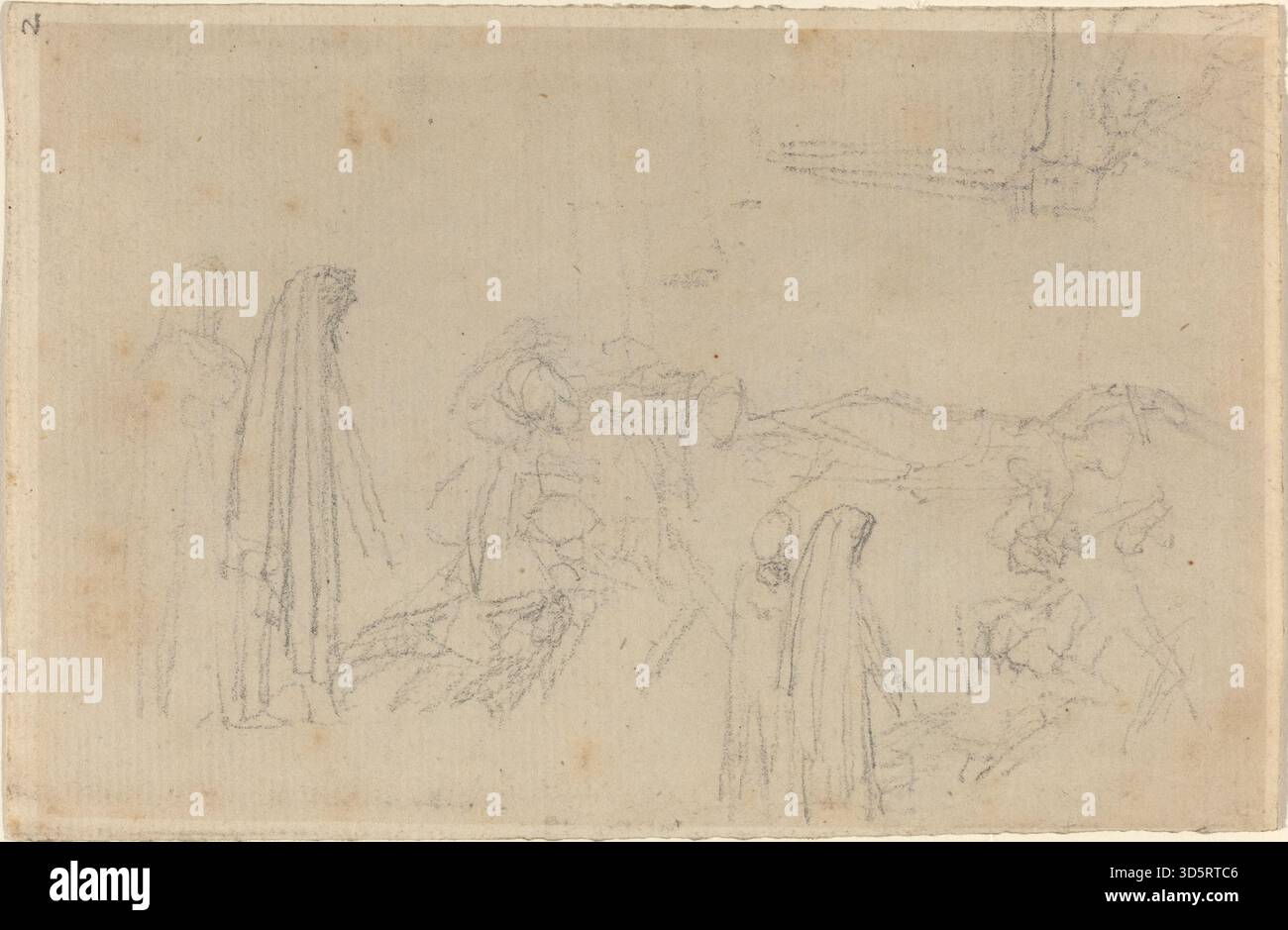 This sheet by John Flaxman depicts several sketches featuring a hooded ...