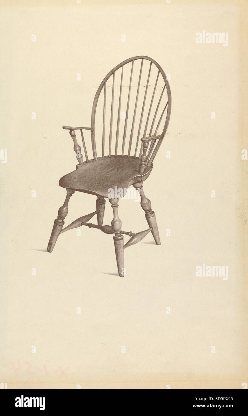 This Windsor chair shows spindle back, turned legs, armrests ...