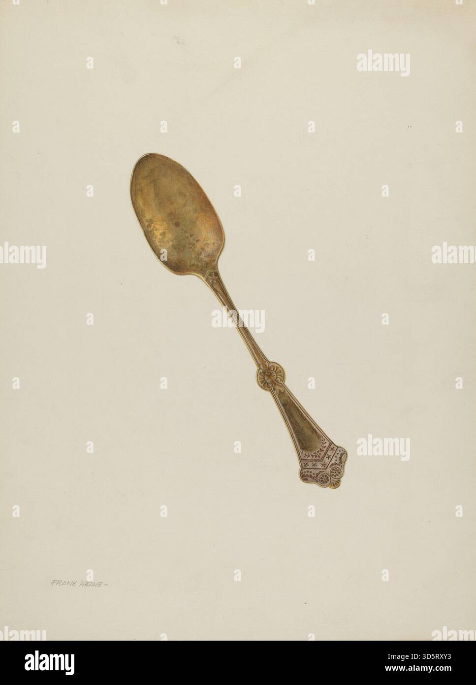 A 1940 dessert spoon by Frank M Keane, made of metal, featuring a ...