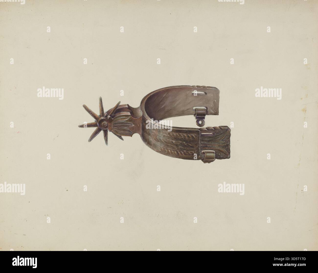 Drawing of a 1936 riding spur, detailing metal rowel, heel band, and ...