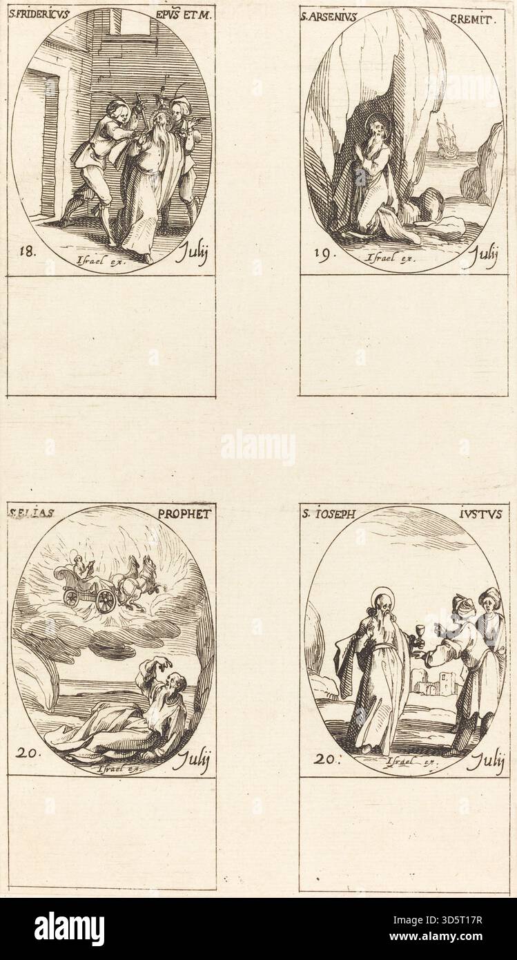 Etching by Jacques Callot showing St. Frederick, St. Arsenius the ...