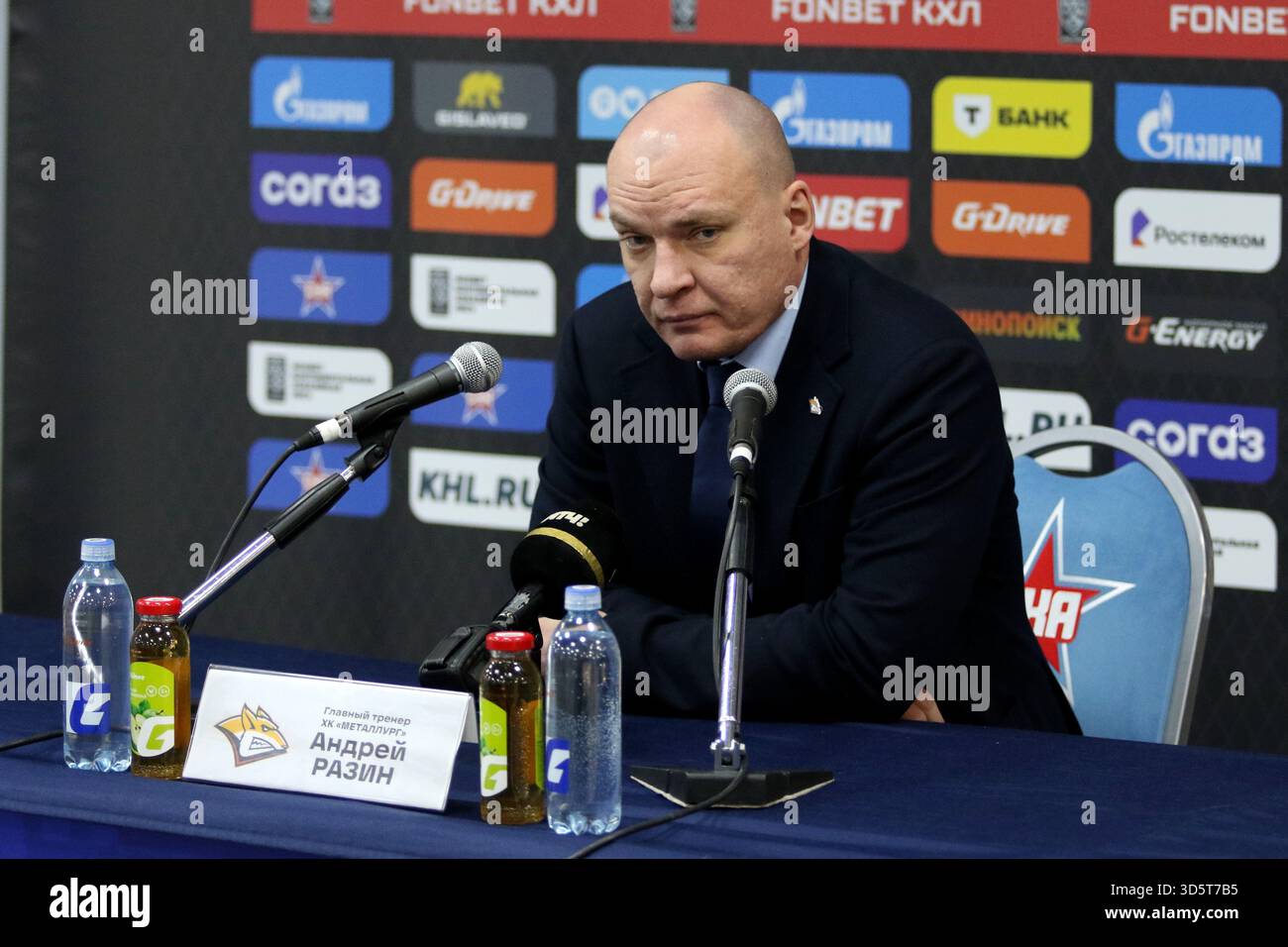 Andrei Razin, head coach of Metallurg Hockey Club seen during a press ...