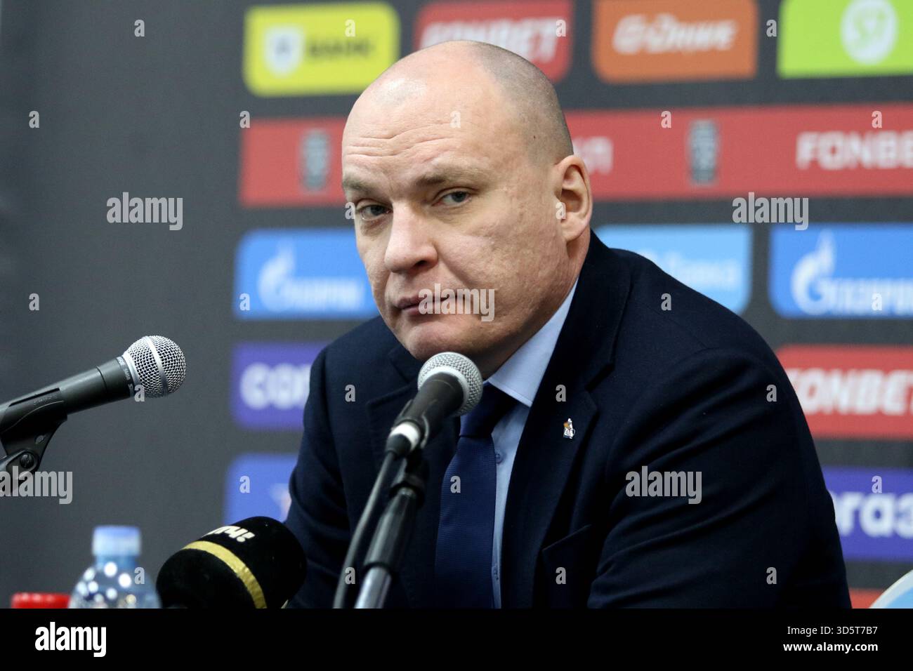 Andrei Razin, head coach of Metallurg Hockey Club seen during a press ...