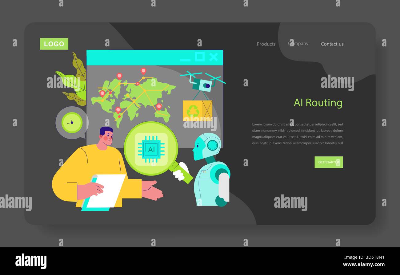 Vector illustration depicting AI routing technology. A human interacts ...