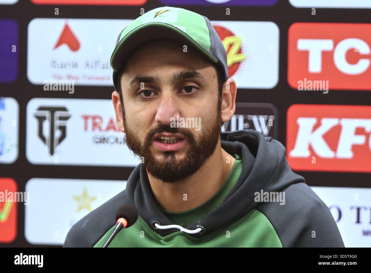 Pakistan's T20 team skipper Salman Ali Agha speaks during a press ...
