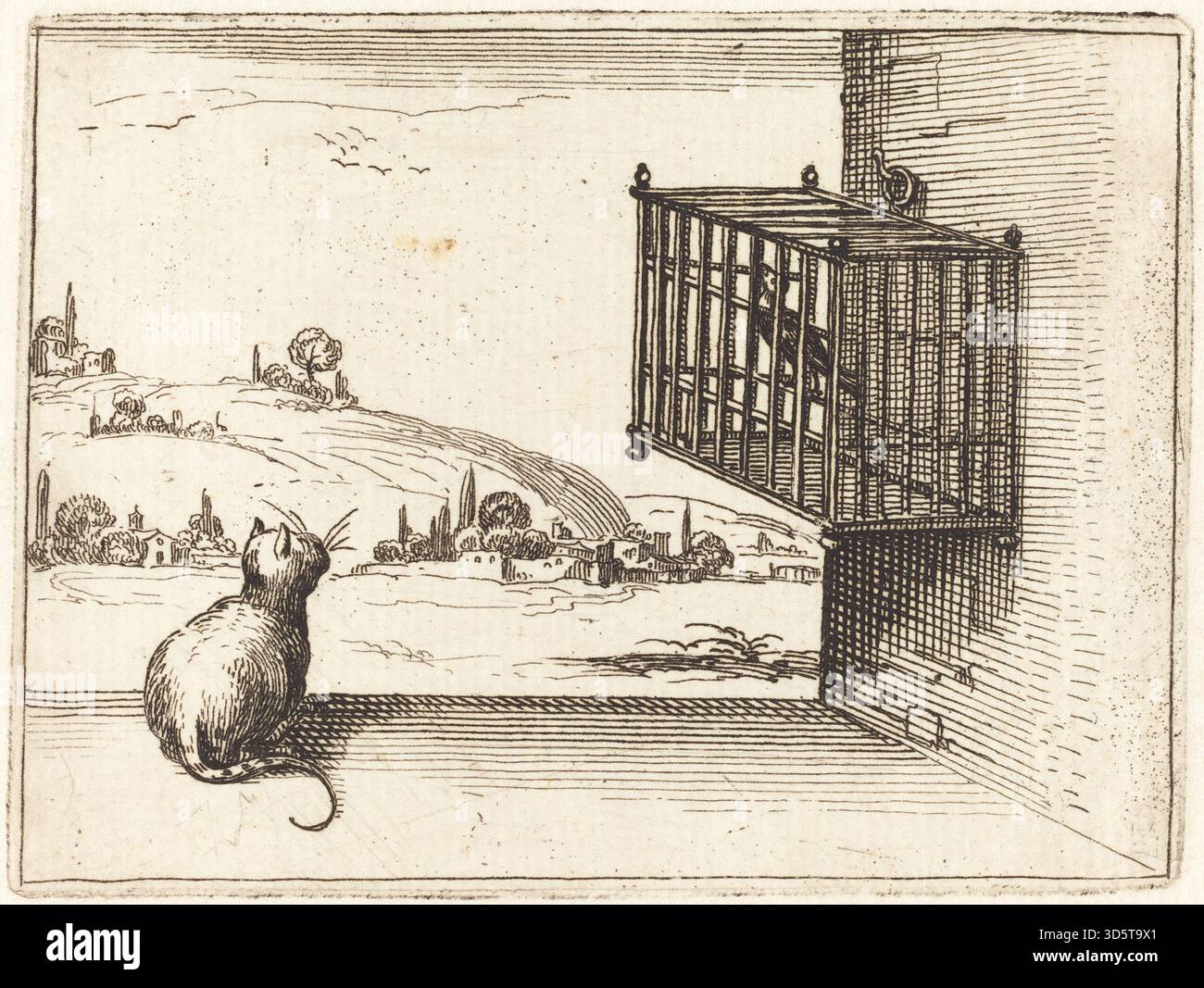 This 1628 work by Jacques Callot depicts a cat observing a bird in a ...