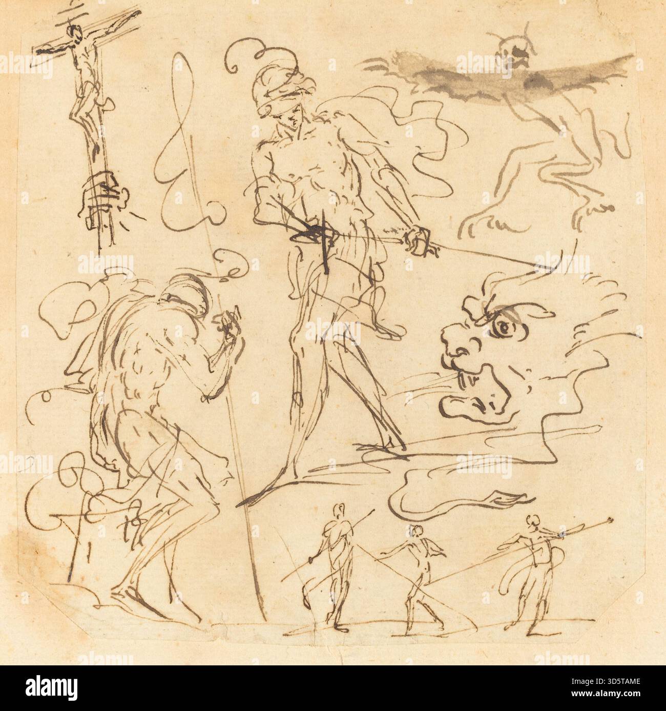 A 17th-century Neapolitan sheet of studies depicting a soldier drawing ...