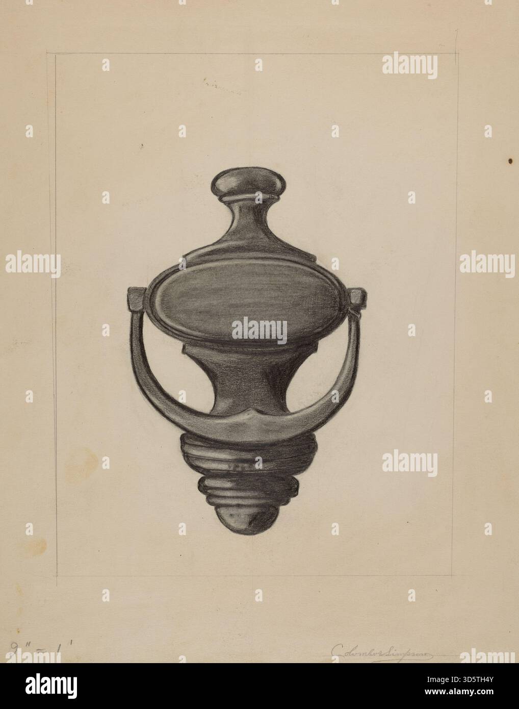 A metal door knocker made by Columbus Simpson around 1936, featuring a ...