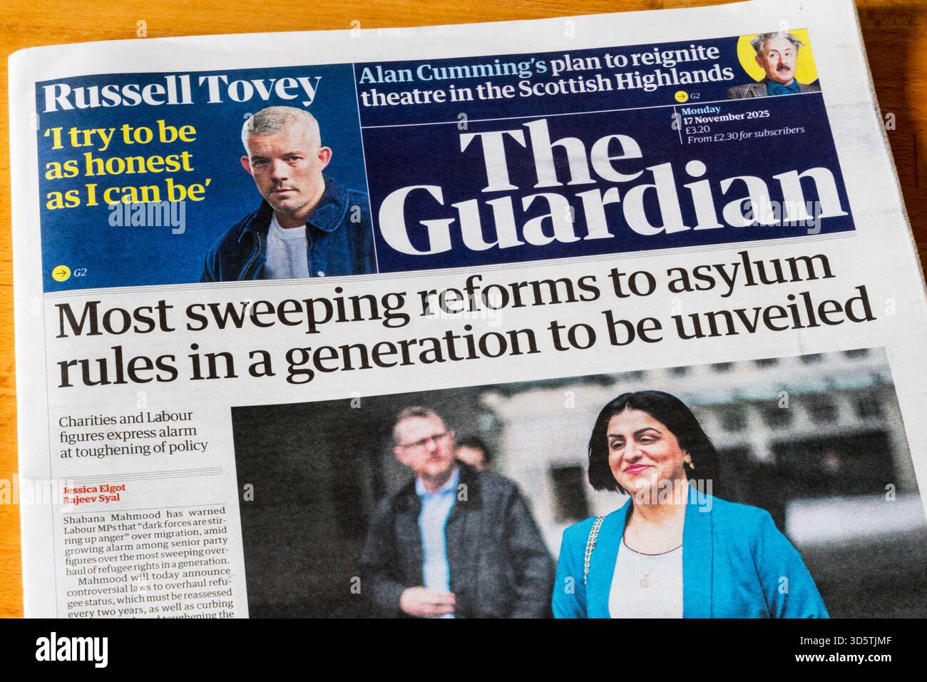 17 November 2025. Front page headline in The Guardian reads Most ...