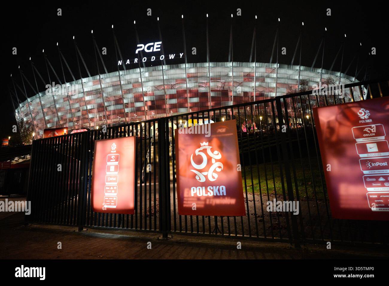 The national stadium is seen with a billboard showing the logo of the ...