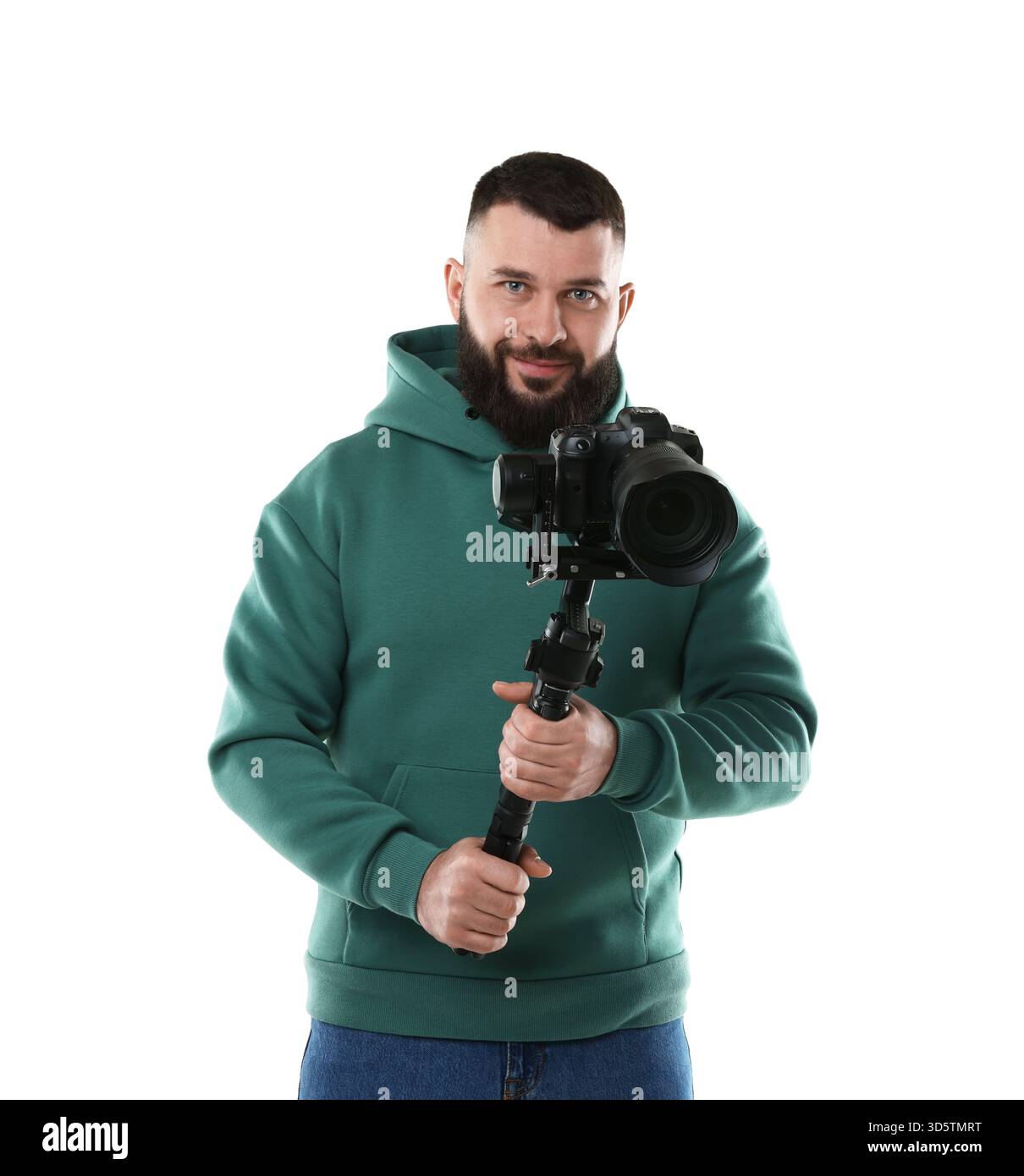 Videographer using gimbal stabilizer with camera on white background ...