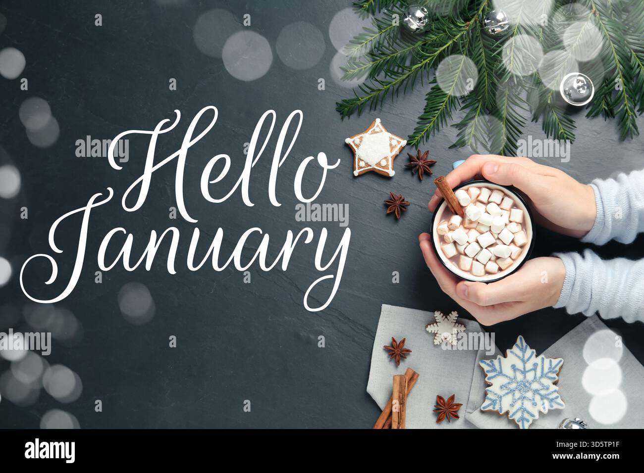 Hello January winter time card. Woman holding cocoa with marshmallows ...