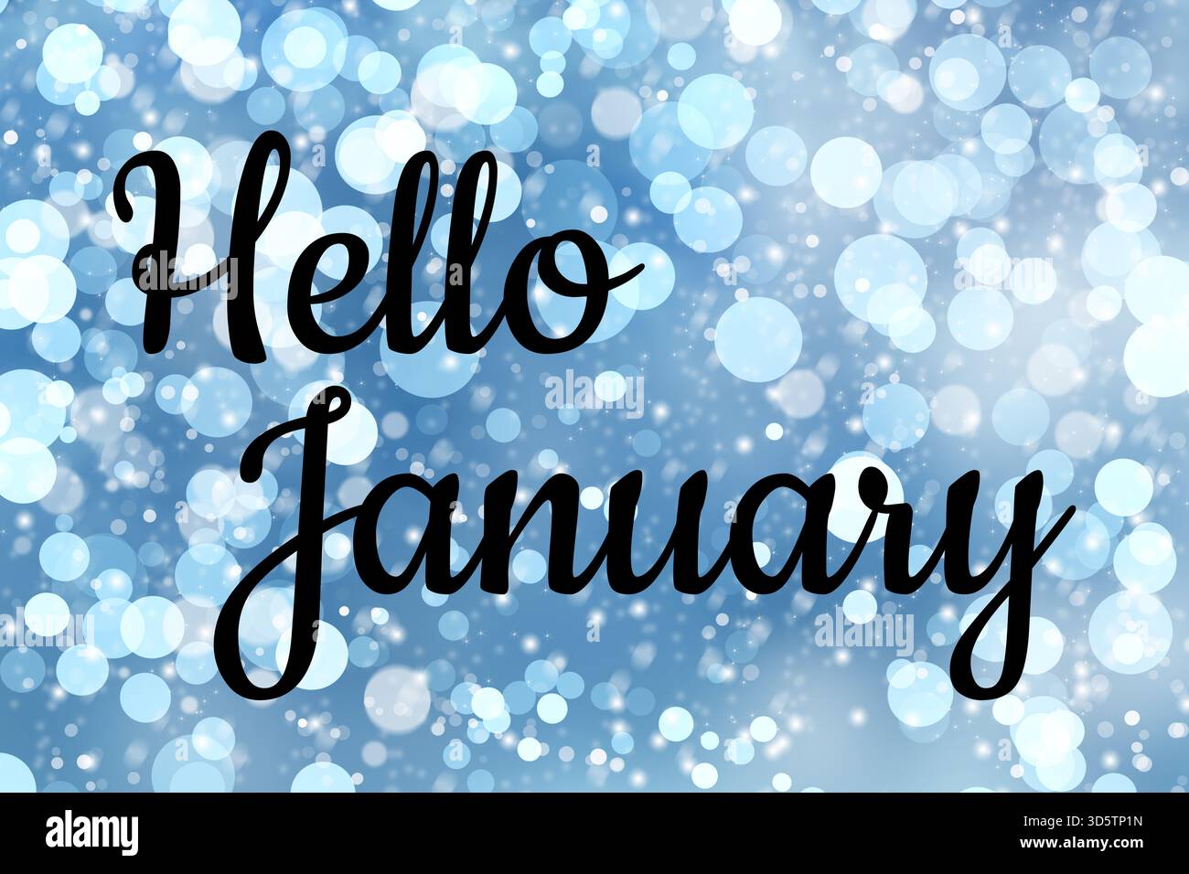 Hello January. Winter time card with snow and bokeh lights on blue ...
